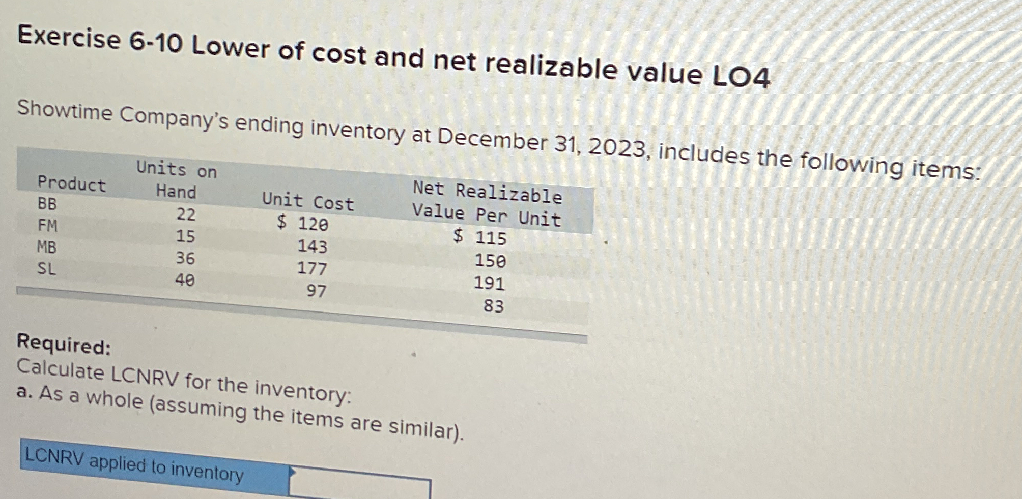 Solved Exercise 6-10 ﻿Lower of cost and net realizable value | Chegg.com