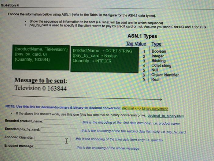 Question 4 Encode the information bollow using ASN.1 | Chegg.com