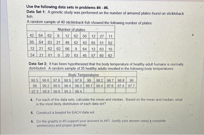Solved Use the following data sets in problems \#4 - \#6. | Chegg.com