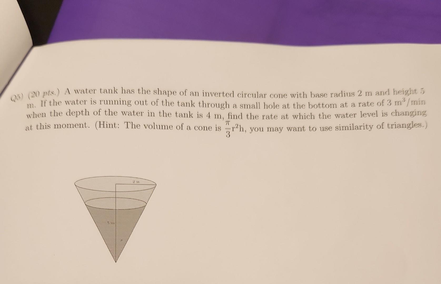 Solved Q5) (20 pts.) A water tank has the shape of an | Chegg.com