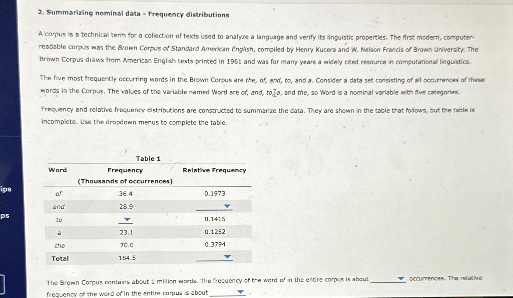 Solved Summarizing nominal data - ﻿Frequency distributionsA | Chegg.com