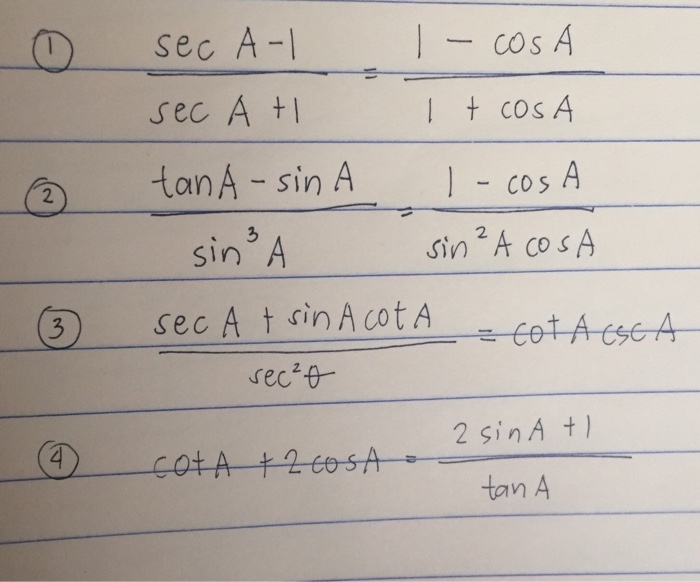Solved 0 sec A- I I - COSA sec A+ 1 + cosa tana-sin A I-cosA | Chegg.com