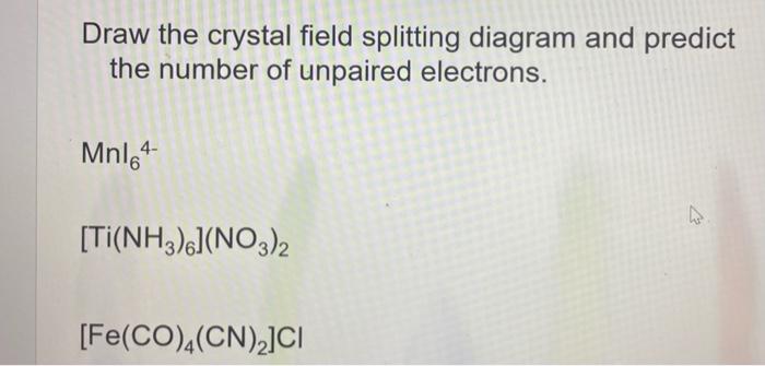 Solved Draw the crystal field splitting diagram and predict | Chegg.com