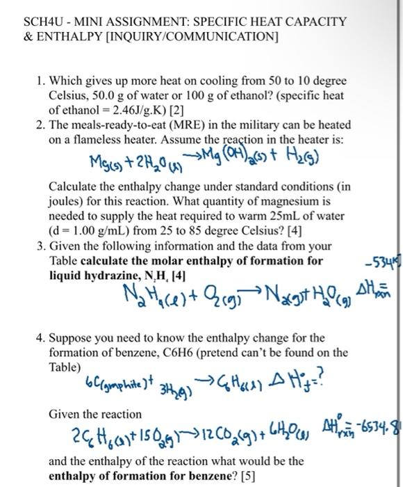 Solved SCH4U - MINI ASSIGNMENT: SPECIFIC HEAT CAPACITY & | Chegg.com