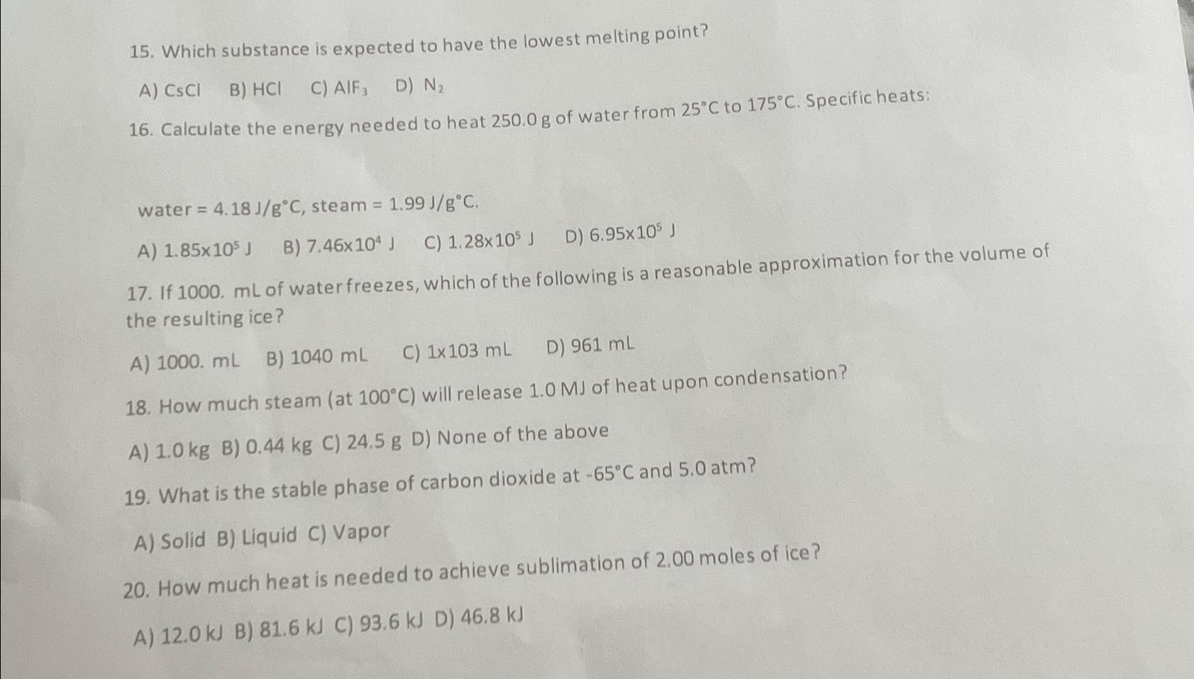 Solved Which substance is expected to have the lowest | Chegg.com