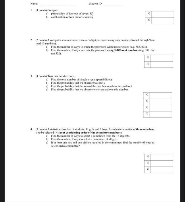 Solved Name: Student ID: 1. (4 points) Compute a) | Chegg.com