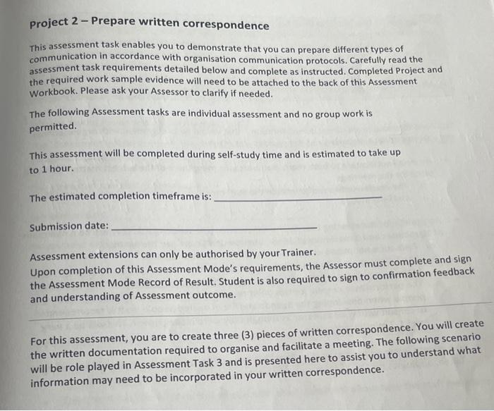 Project 2 - Prepare written correspondence This | Chegg.com