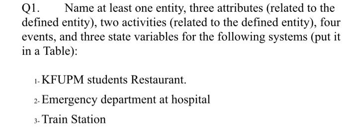 Solved Q1. Name at least one entity, three attributes | Chegg.com