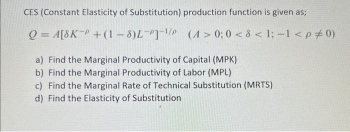 Solved CES (Constant Elasticity of Substitution) production | Chegg.com