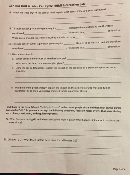 Solved Gen Bio Unit 4 Lab - Cell Cycle HHMI Interactive Lab | Chegg.com