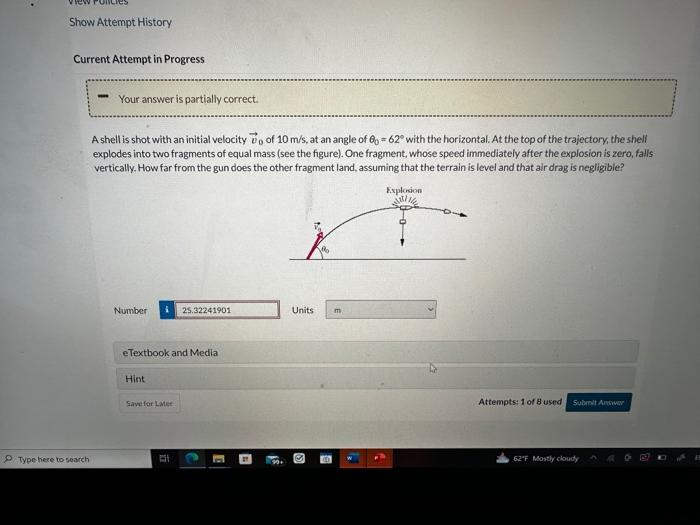 Solved A shell is shot with an initial velocity v0 of 10 | Chegg.com