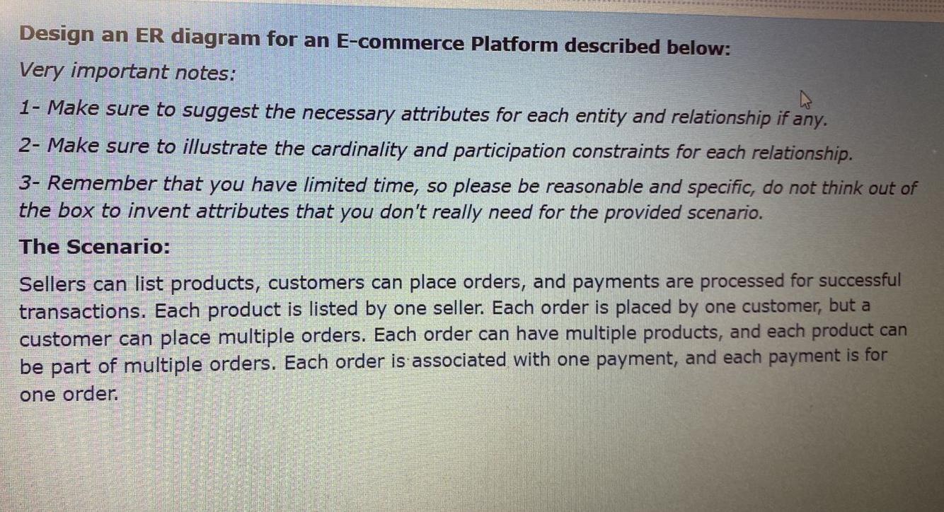 Design an ER diagram for an E-commerce Platform | Chegg.com