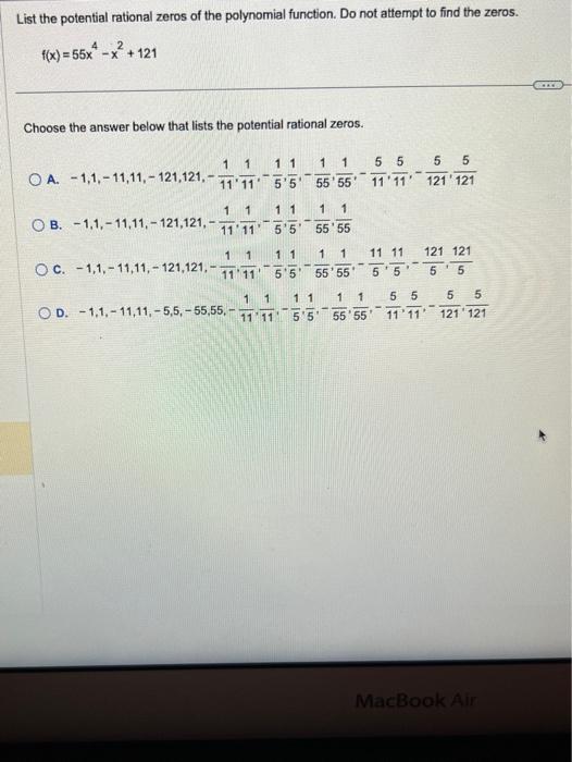 Solved List the potential rational zeros of the polynomial | Chegg.com