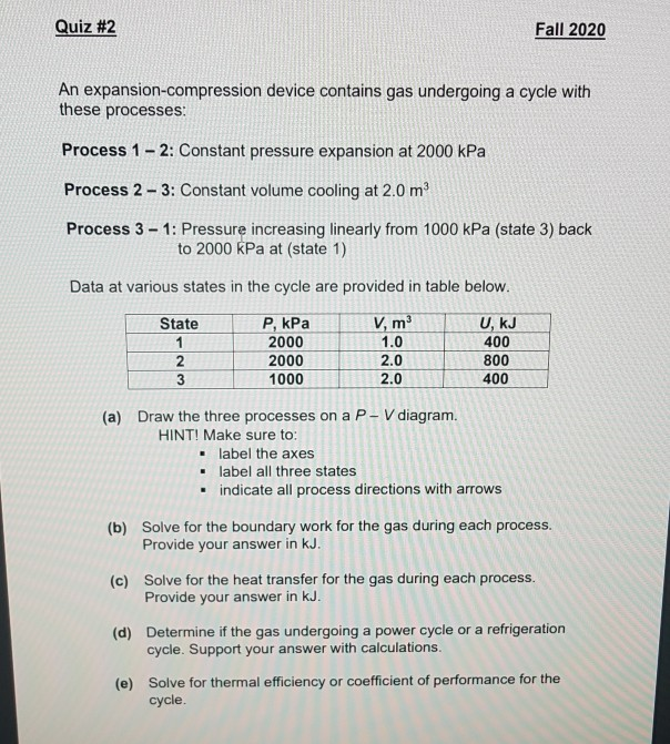Solved Quiz #2 Fall 2020 An expansion-compression device | Chegg.com