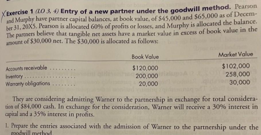 Solved XExercise 1 (LO 3, 4) Entry of a new partner under | Chegg.com