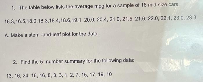 Solved 1. The table below lists the average mpg for a sample | Chegg.com