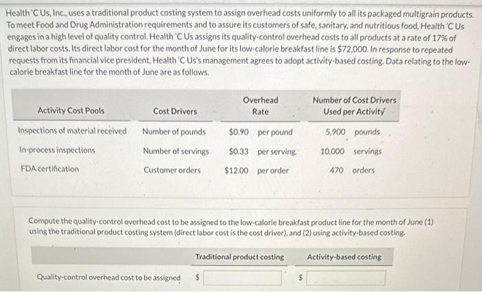Solved Health 'CUs, Inci, uses a traditional product costing | Chegg.com