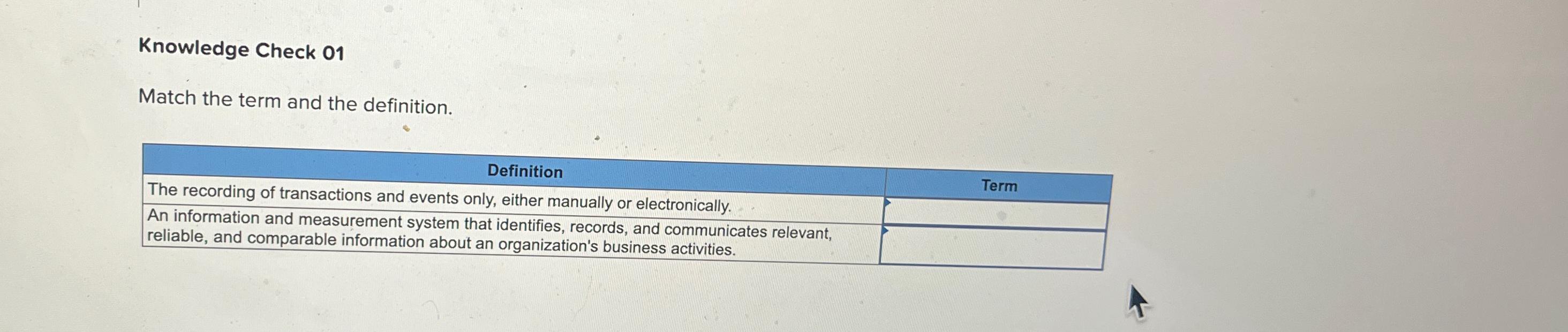 Solved Knowledge Check 01Match the term and the | Chegg.com