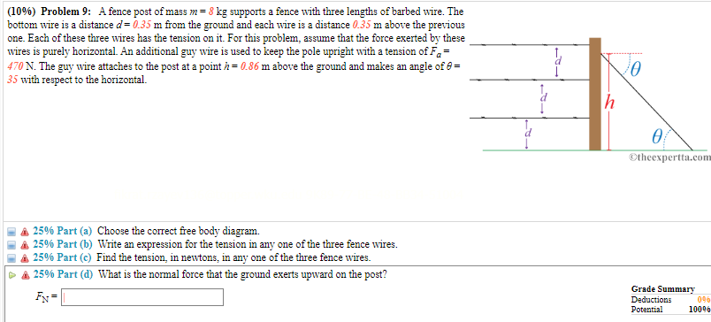 Solved (10%) ﻿Problem 9: A fence post of mass m=8kg | Chegg.com