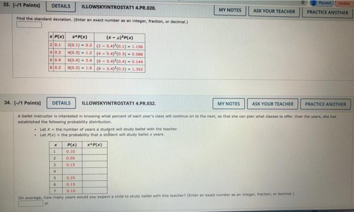 Solved 33. [-/1 Points) Paused DETAILS ILLOWSKYINTROSTAT1 | Chegg.com Solved 33. [-/1 Points) Paused DETAILS ILLOWSKYINTROSTAT1 | Chegg.com