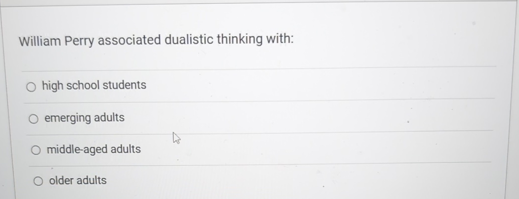 Solved William Perry associated dualistic thinking with:high | Chegg.com
