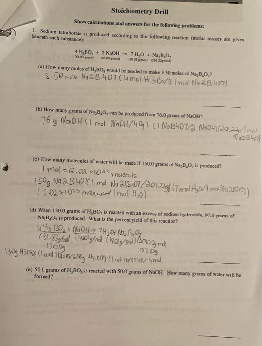 Solved Stoichiometry Drill Show calculations and answers for | Chegg.com