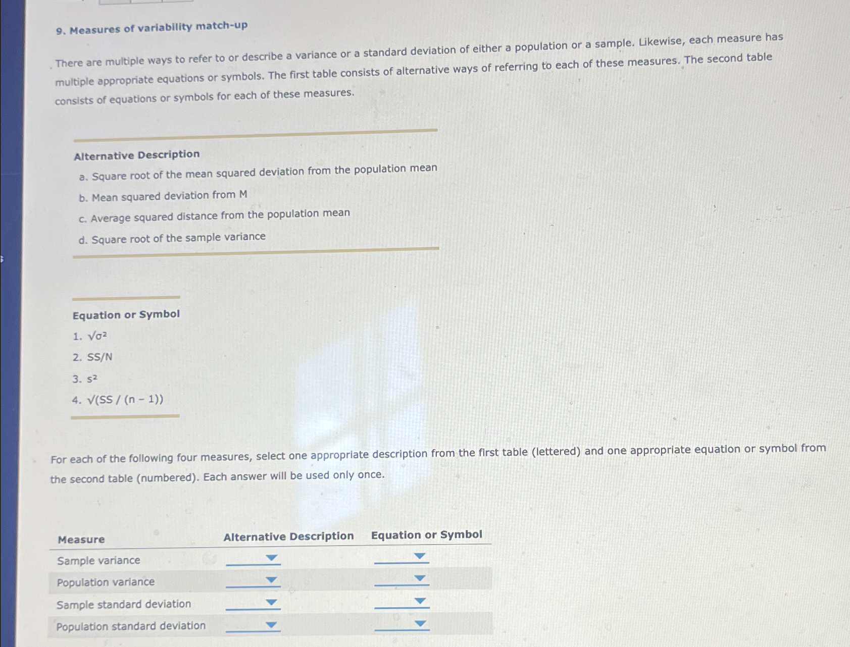 Measures of variability match-upThere are multiple | Chegg.com