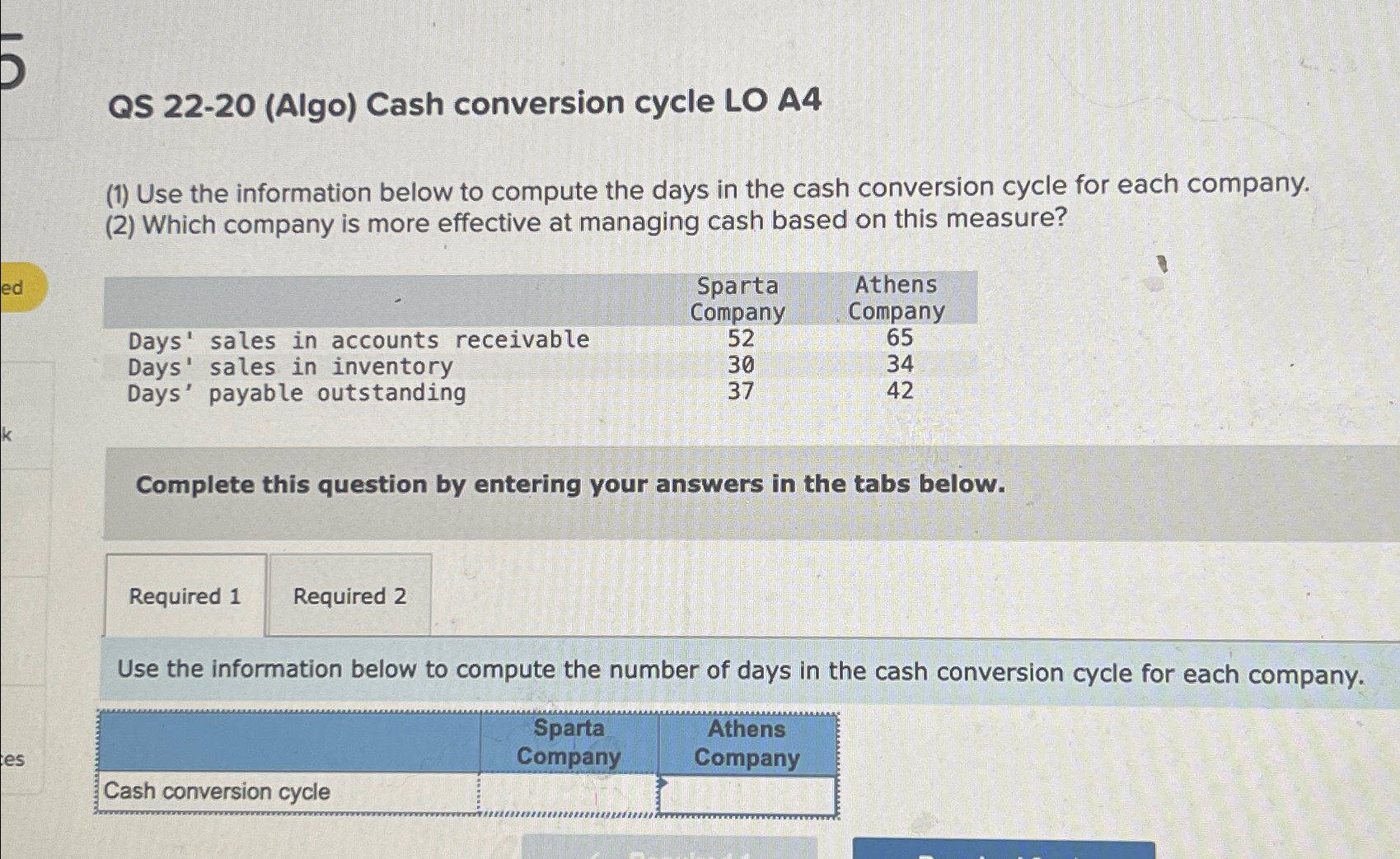 Solved QS 22-20 (Algo) ﻿Cash conversion cycle LO A4(1) ﻿Use | Chegg.com