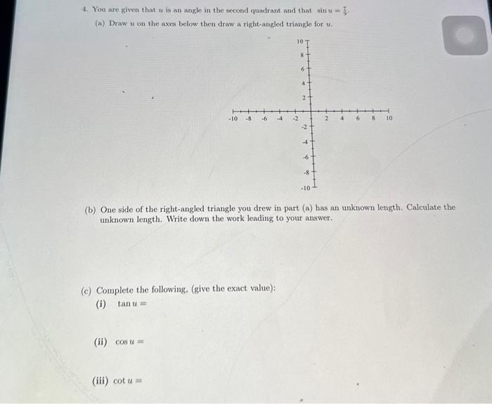 Solved 4. You are given that u is an angle in the second | Chegg.com