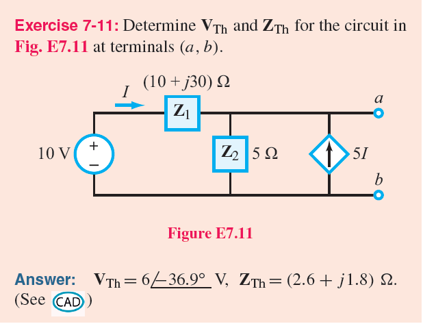 Solved Exercise 7-11: Determine V_(Th) ﻿and Z_(Th) ﻿for the | Chegg.com