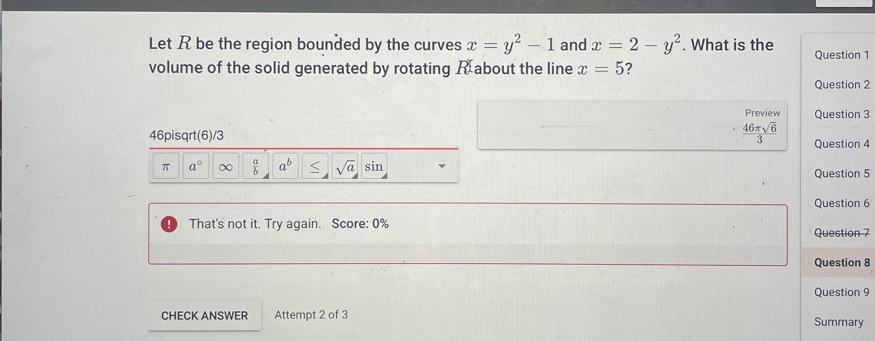 Solved Let R ﻿be the region bounded by the curves x=y2-1 | Chegg.com