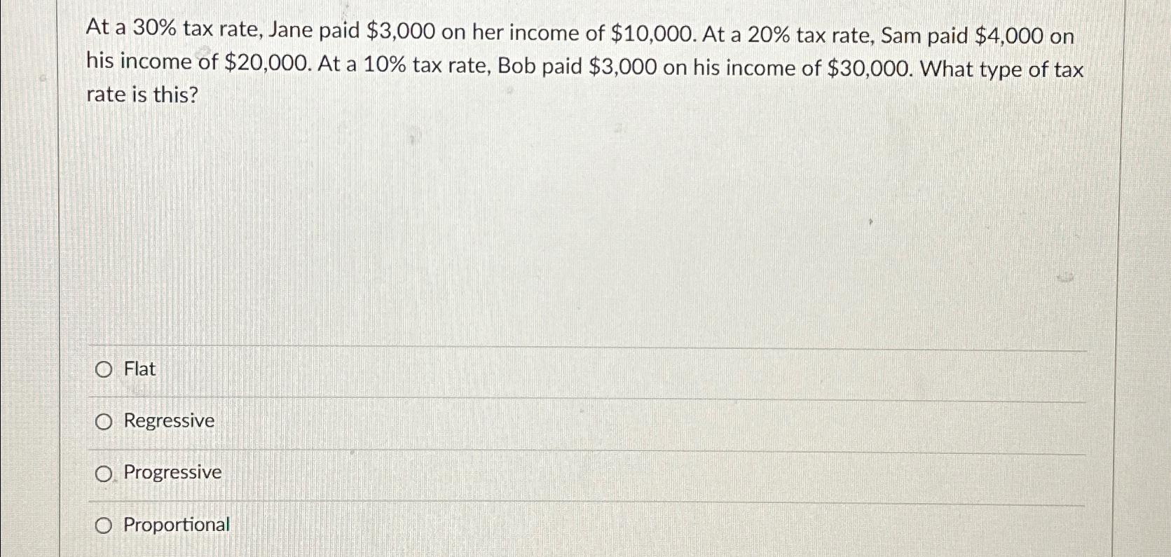 Solved At a 30% ﻿tax rate, Jane paid $3,000 ﻿on her income | Chegg.com
