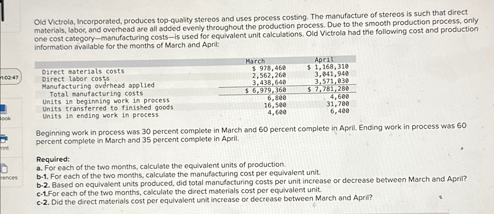 Solved Old Victrola, Incorporated, produces top-quality | Chegg.com