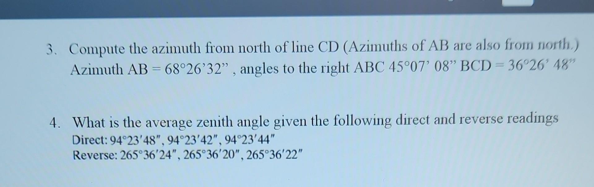 Solved Compute the azimuth from north of line CD (Azimuths | Chegg.com