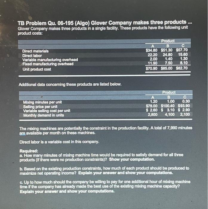 Solved TB Problem Qu. 06-195 (Ago) Glover Company makes | Chegg.com