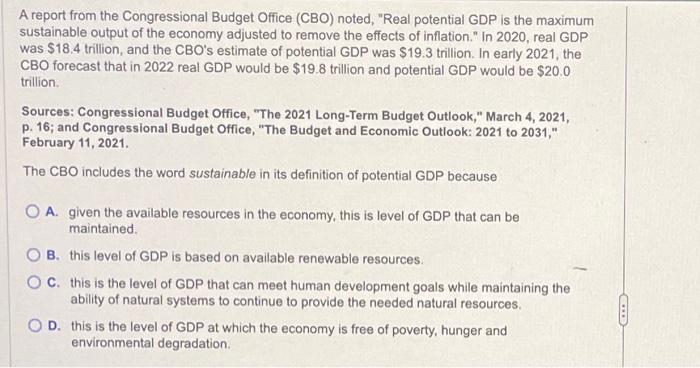 Solved A report from the Congressional Budget Office (CBO) | Chegg.com