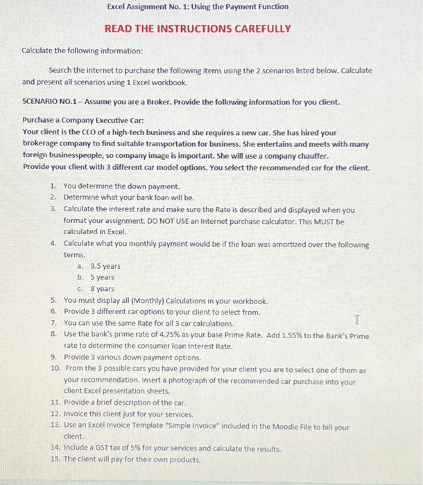 Solved Excel Assignment No. 1: Using the Payment Function | Chegg.com