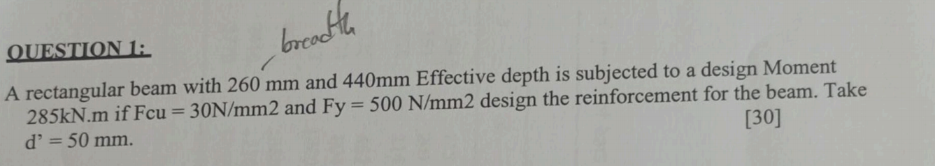 OUESTION 1:bread thA rectangular beam with 260 ﻿mm | Chegg.com