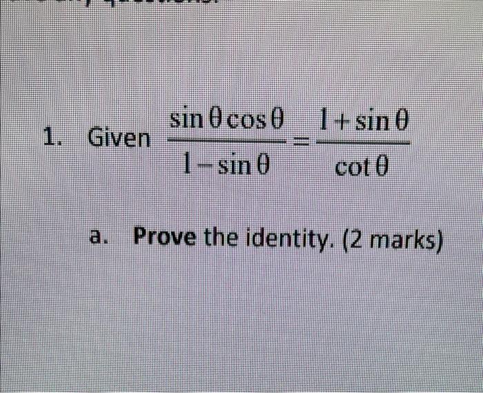 Solved sin 0 cos0 1+ sin 0 1-sin 0 cot ( Prove the identity. | Chegg.com