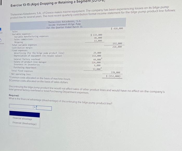 Solved Exercise 13-15 (Algo) Dropping or Retaining a | Chegg.com