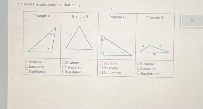 [Solved]: For each triangle, check all that apply. Triangle