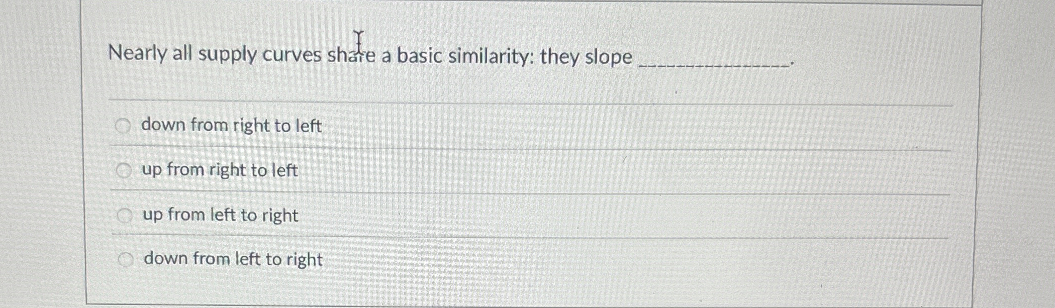 Solved Nearly all supply curves shatic a basic similarity: | Chegg.com