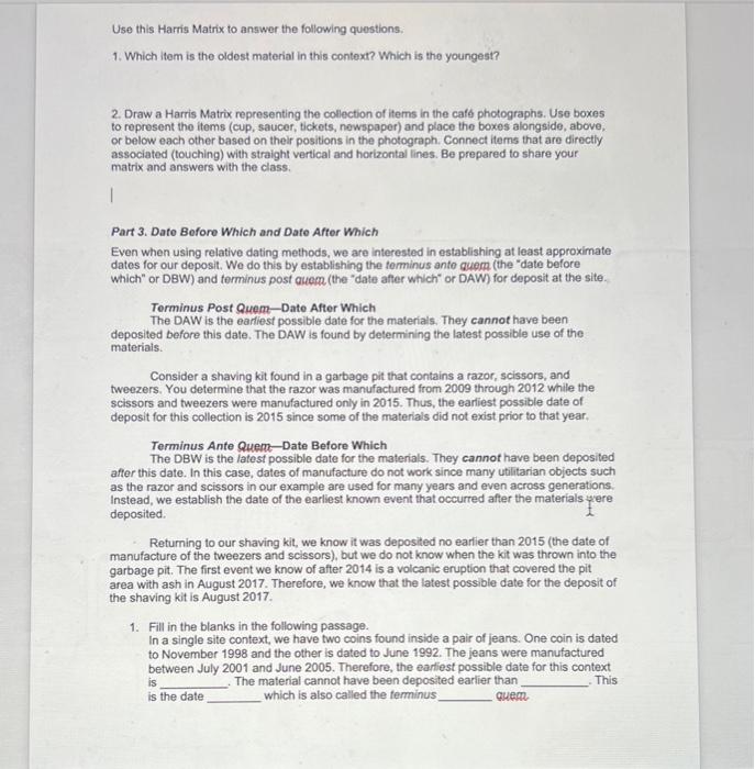 Solved Part 2. The Harris Matrix To map the succession of | Chegg.com