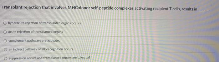 Solved Transplant rejection that involves MHC:donor | Chegg.com