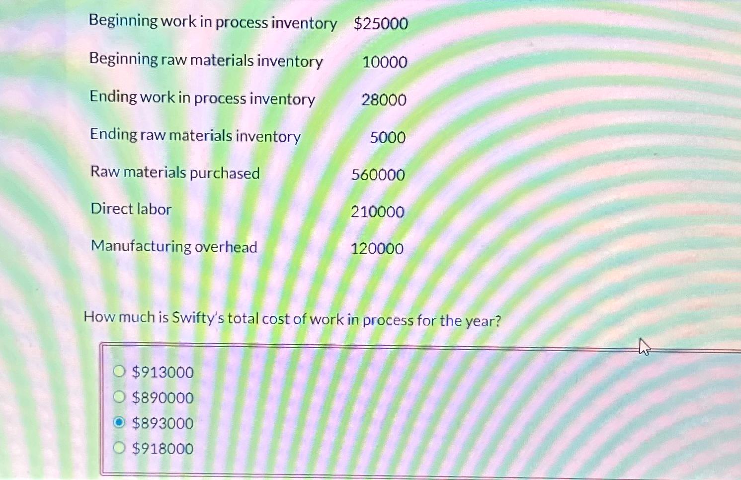 Solved \table[[Beginning work in process inventory,$25000 | Chegg.com