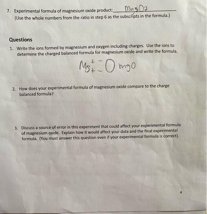 Solved 7. Experimental formula of magnesium oxide product: | Chegg.com