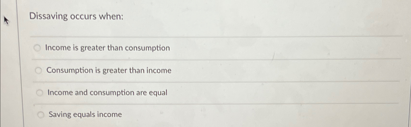 Solved Dissaving occurs when:Income is greater than | Chegg.com