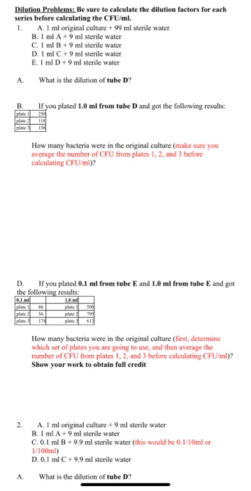 Solved Dilution Problems: Be sure to calculate the dilution | Chegg.com