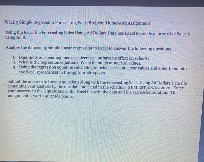 Solved Week 3 Simple Regression Forecasting Sales Problem | Chegg.com