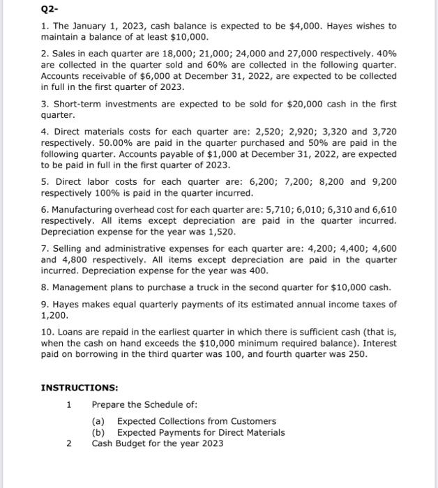 Solved Q2- 1. The January 1,2023 , cash balance is expected | Chegg.com